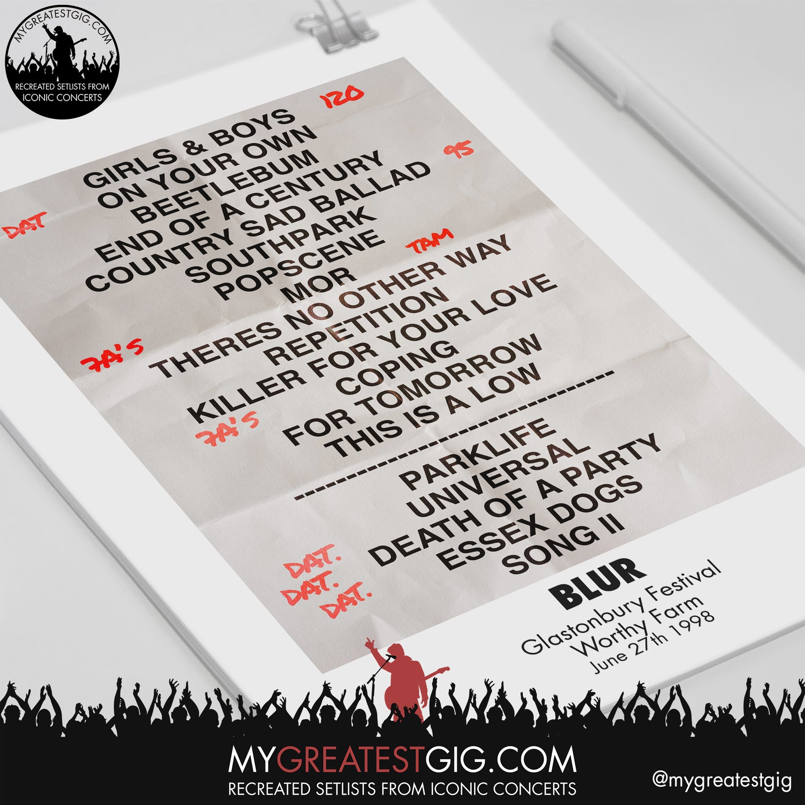 Blur - Glastonbury Festival - June 27th 1998 Recreated Setlist Poster ...