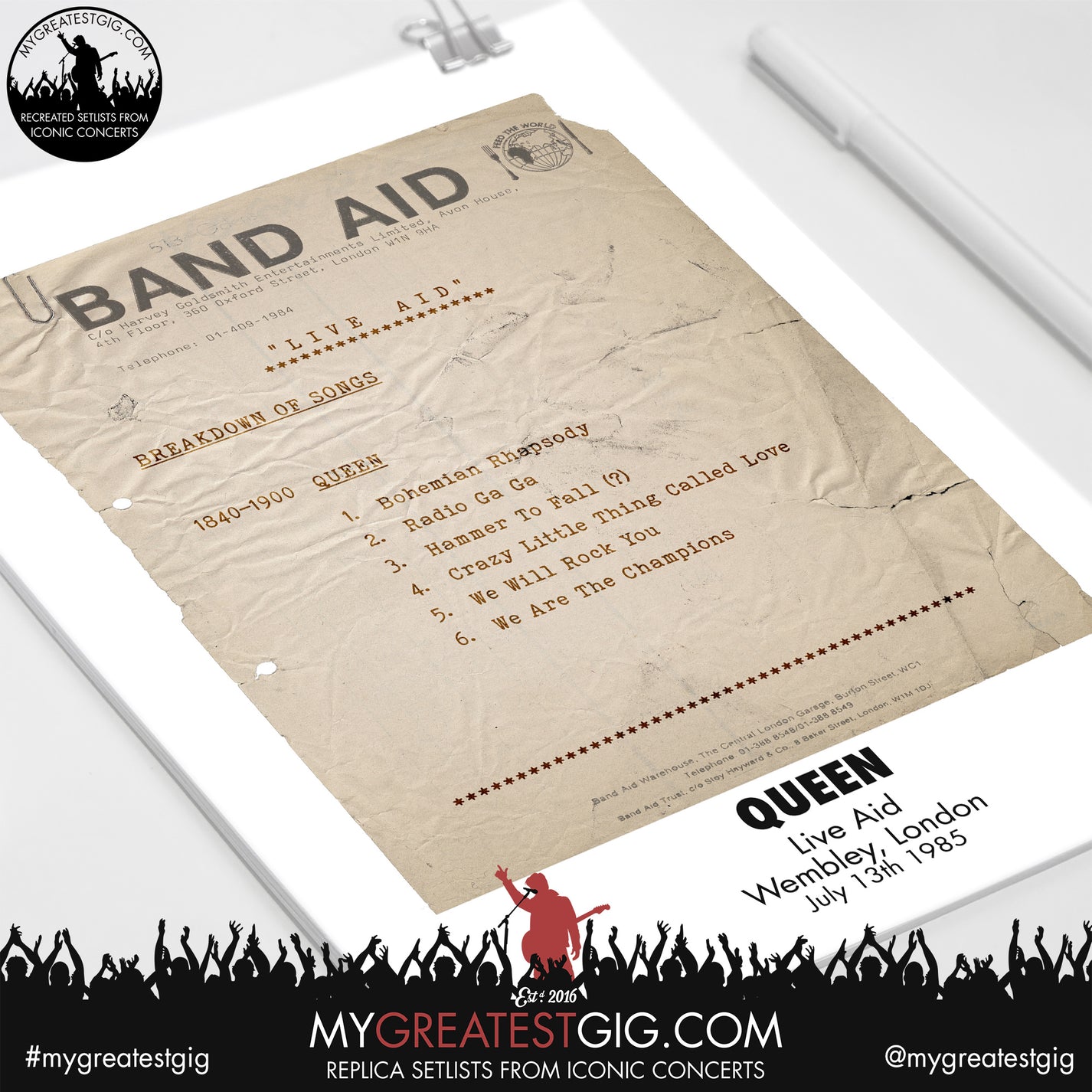 Queen - Live Aid - Jul 13th 1985 Recreated Set List Poster – My ...