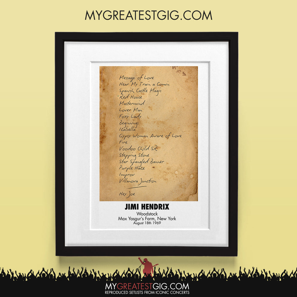 Jimi Hendrix - Woodstock - Aug 18th 1969 Recreated Set List Poster & I ...