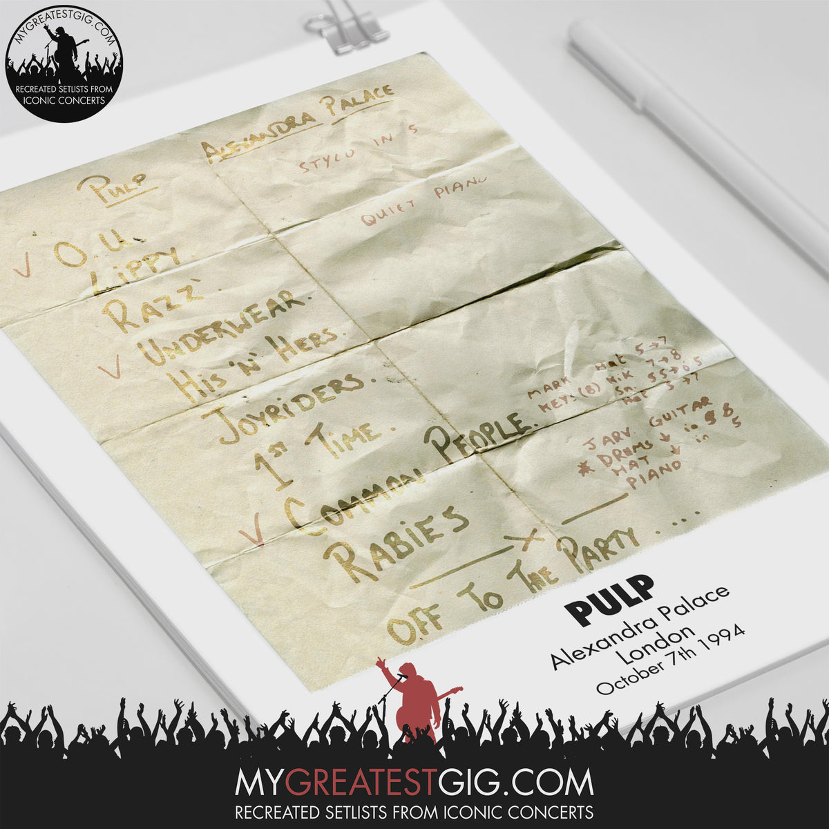 Pulp - London - Oct 7th 1994 Recreated Set List Poster – My Greatest Gig